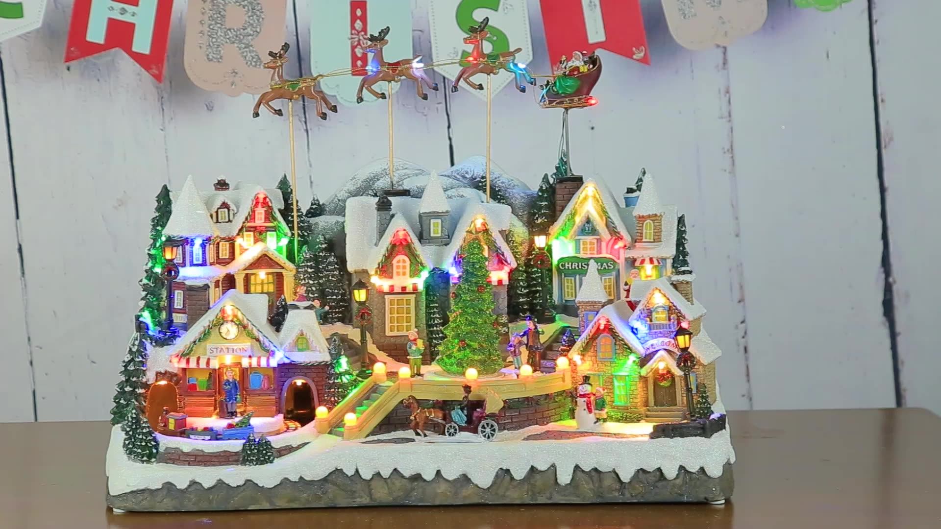 Large Size Musical Polyresin Christmas Led House Flying Santa Sleigh ...