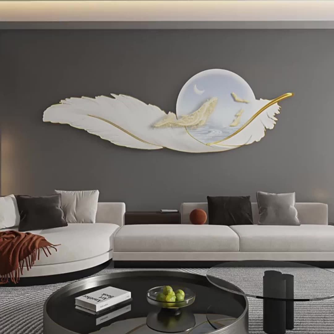 Modern Luxury Feather Wall Art With Led Lights Acrylic Uv Printing ...