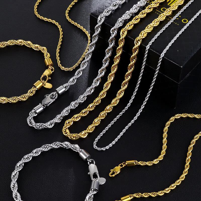 Men Hip Hop Rope Link Chain Pvd 18k Real Gold Plated Stainless Steel ...
