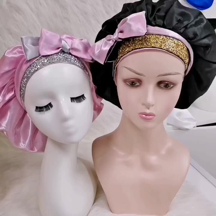 Custom Logo Silk Glitter Diamond Long Bands Bling Rhinestone Bonnets ...