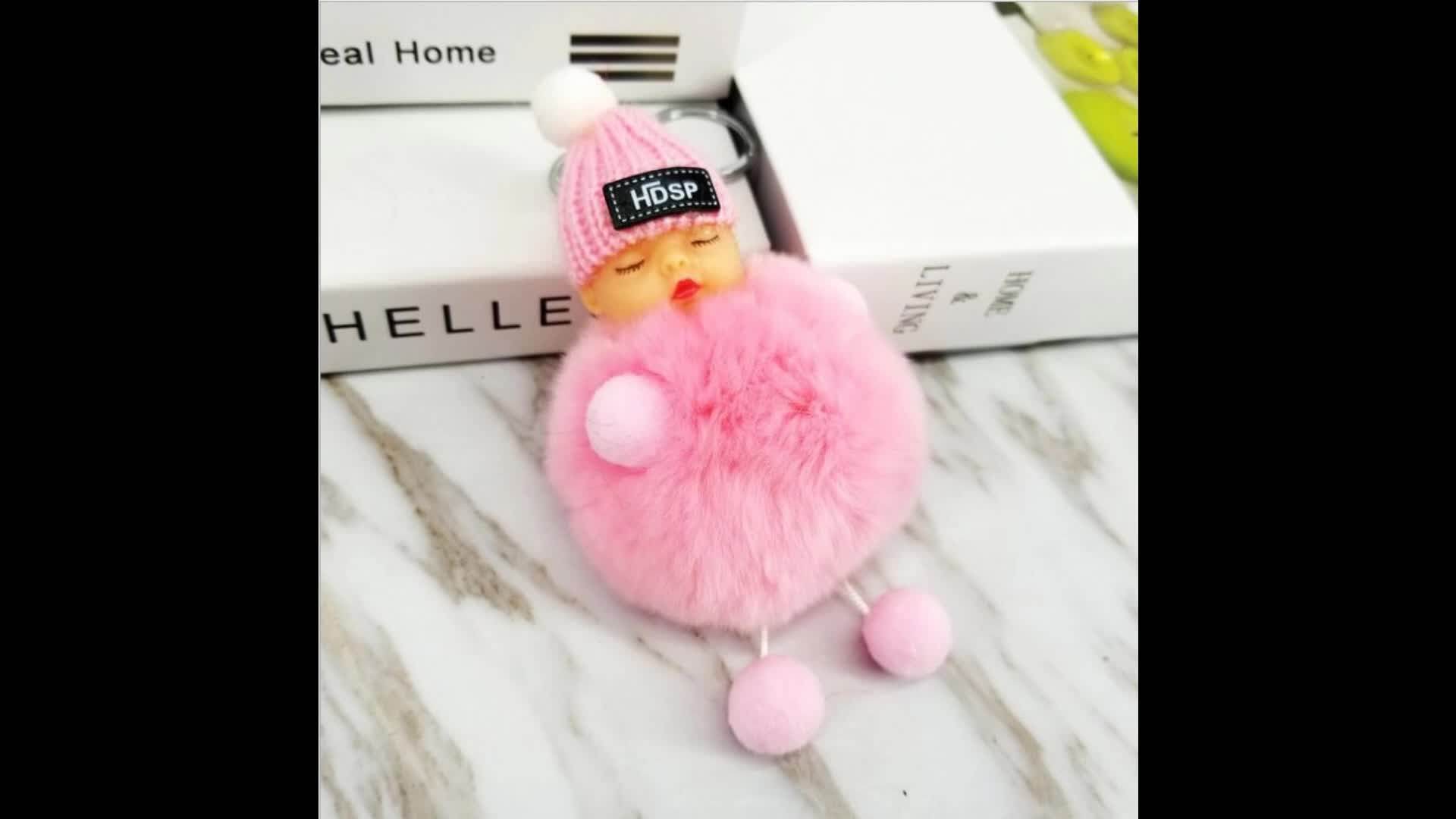 Custom Yellow Sleeping Baby Large Puff Ball Keychain For Girls - Buy ...