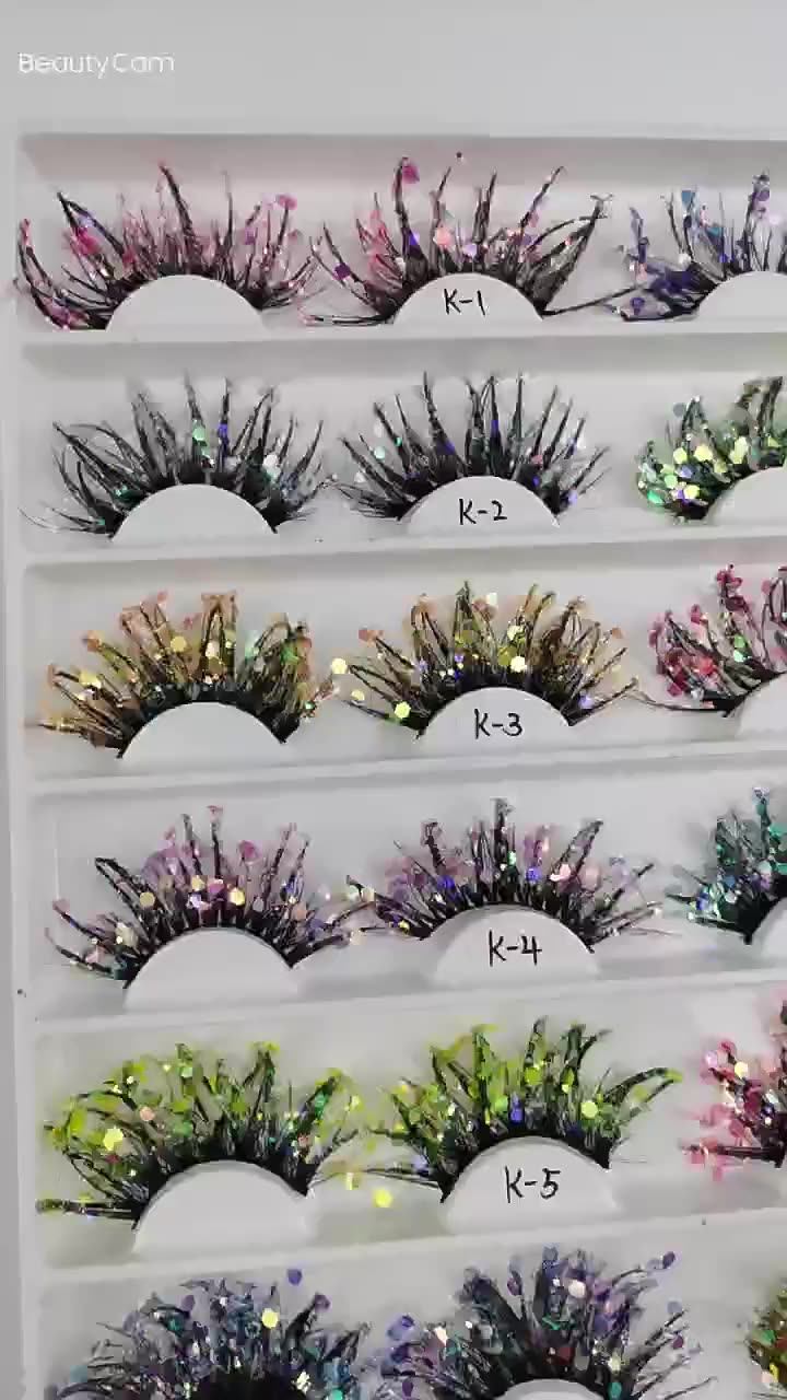 False Colored Glitter Green Eyelashes Gold Green Fluorescence Sequins Colorful Lashes Glow In ...