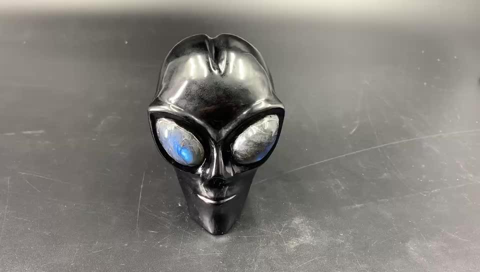 Natural Crystal Obsidian Alien Skull Carving Aura Labradorite Eye Black ...