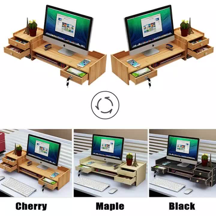 Adjustable Wood Monitor Stand Riser With 3 Storage Drawers,Bamboo ...