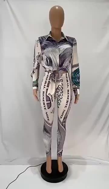 Us Dollar Money Bill Printed Women Outfits Turn Down Collar Button ...