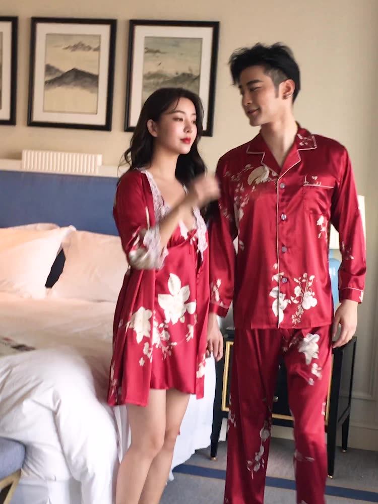 M-xxxl Couple Pajama Sets Ice Silk Satin Pijamas Striped Sleepwear Home ...