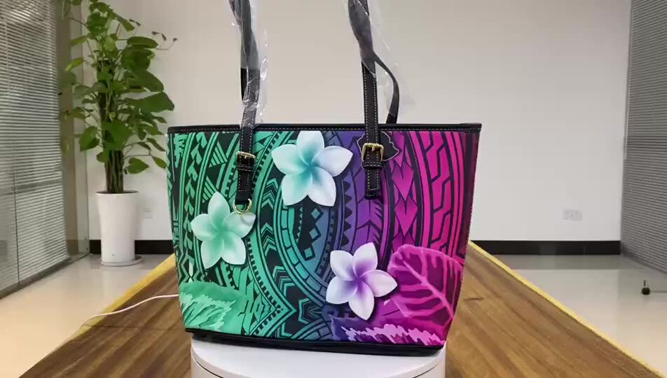 Hawaiian Style Floral Print Womens Tote Shoulder Bags Custom Pu Leather ...
