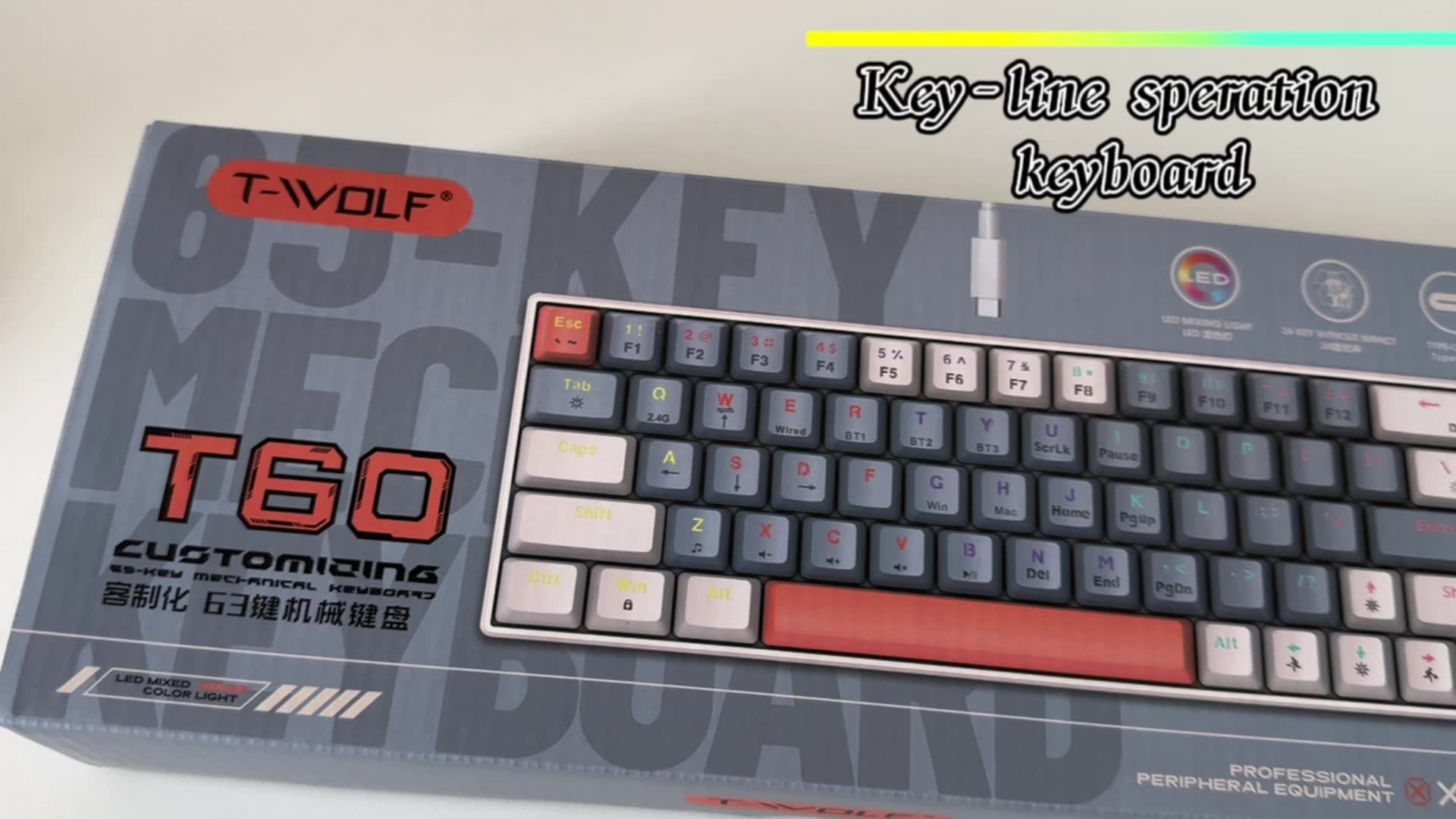 T60 Wired Mechanical Keyboard 63 Keys Keycaps Rgb 5.0 Bt 2.4 G Wired 3 ...