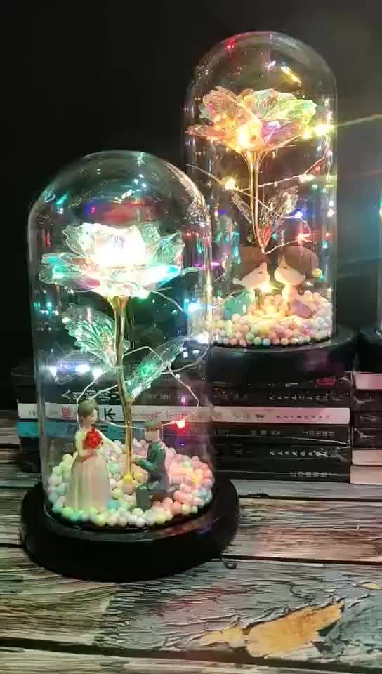 V-3345 Eternal Gold Rose Glass Cover Led Lights Artificial Rose Flower ...