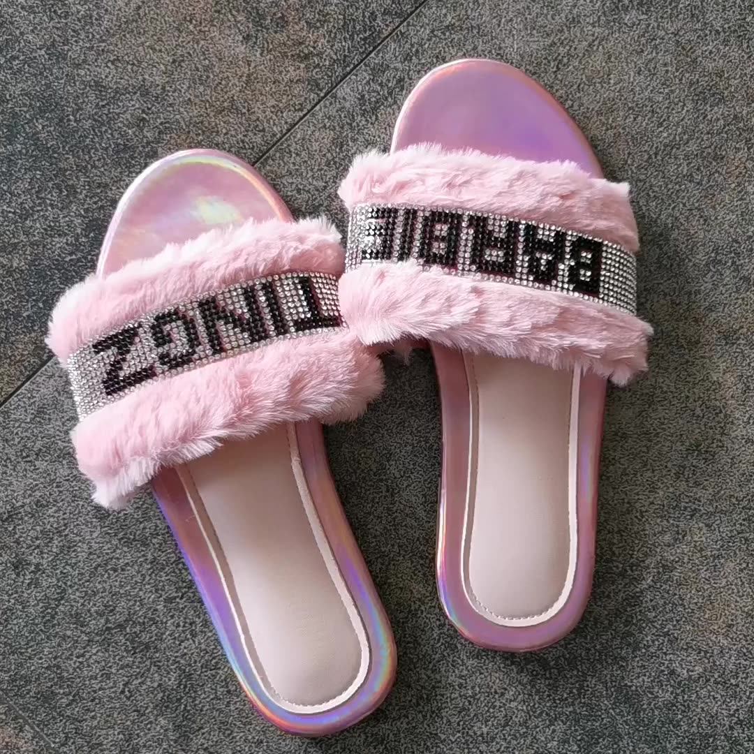 Small Wholesale Home Indoor Barbie Tingz Pink Bling Fur Slides Slippers ...