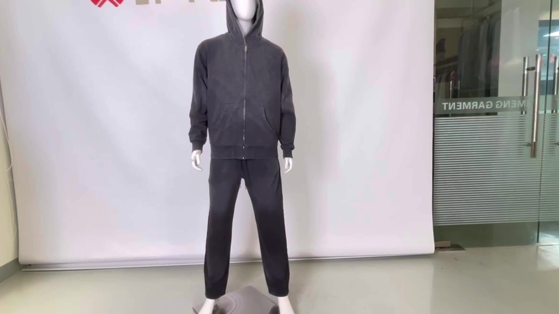 Custom Acid Washed Sweat Suits Cotton Thick Full Zip Up Puff Print Acid ...