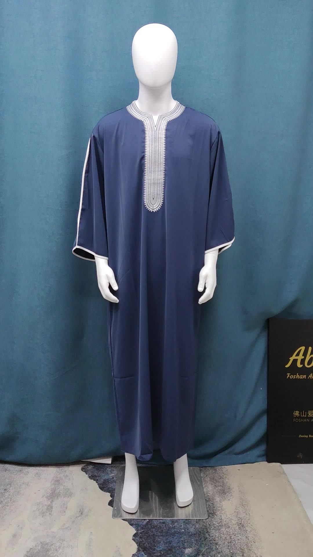 2024 Embroidered Navy Moroccan Men's Muslim Thobe Robe Traditional ...