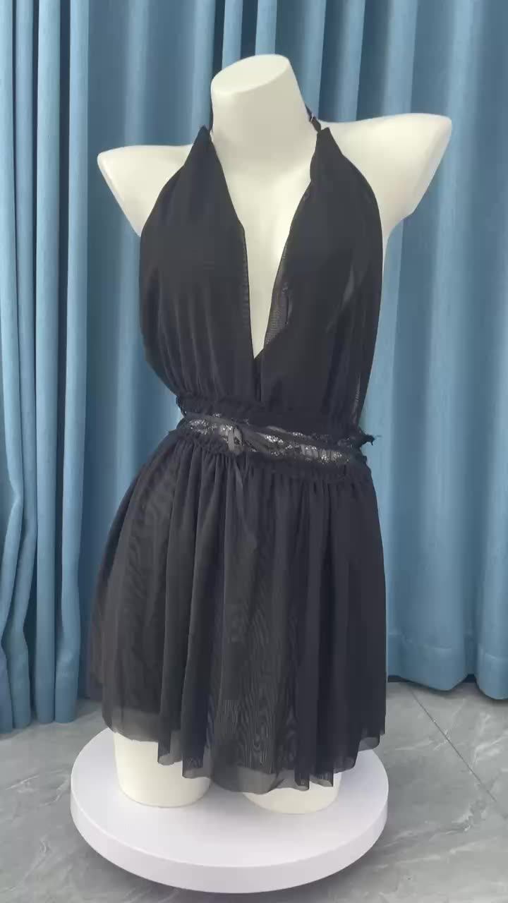 Sexy Transparent Pajamas Female Summer Lace Nighty Mesh Hollow Lace Up ...