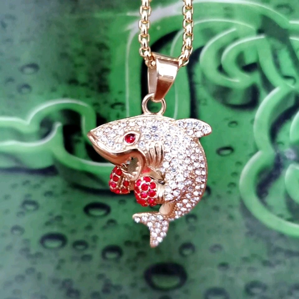 24" Hip Hop Jewelry Gold Bling Shark Charm Pendant Necklace Full ...