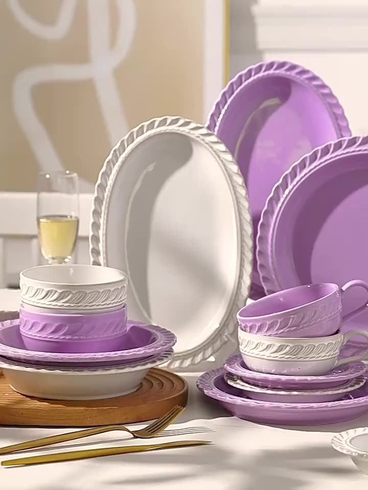 French Style Purple Dinnerware Set Embossed Plates And Bowls Ceramic ...