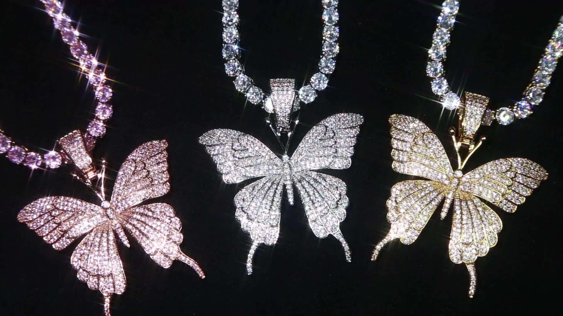 Hip Hop Bling Women Necklace 18" Cz Tennis Chain Big Butterfly Pendant ...