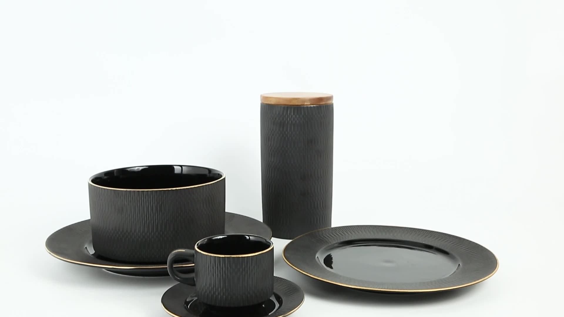 P&t Porcelain Black Round Salad Plate Gold Rim Ceramic Soup Plate ...