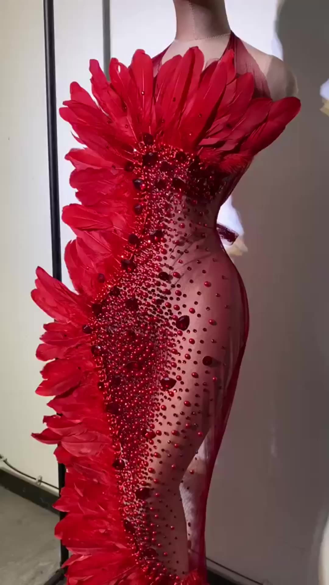 Sexy Red Crystal See Through Feathers Mermaid Dress Women Prom Long ...