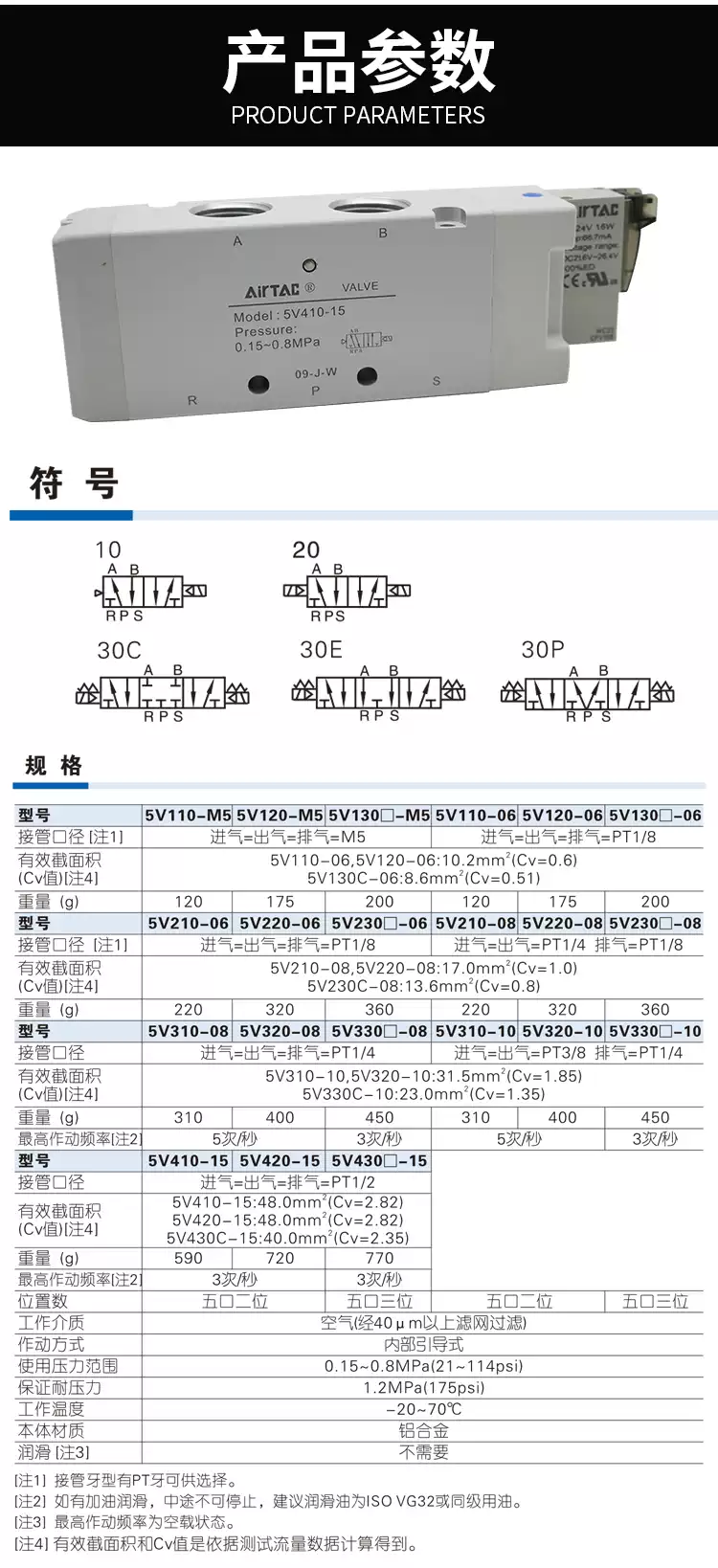亚德客AIRTAC电磁阀5V110/5V210/5V310/5V410-06/08/10/15-B-050