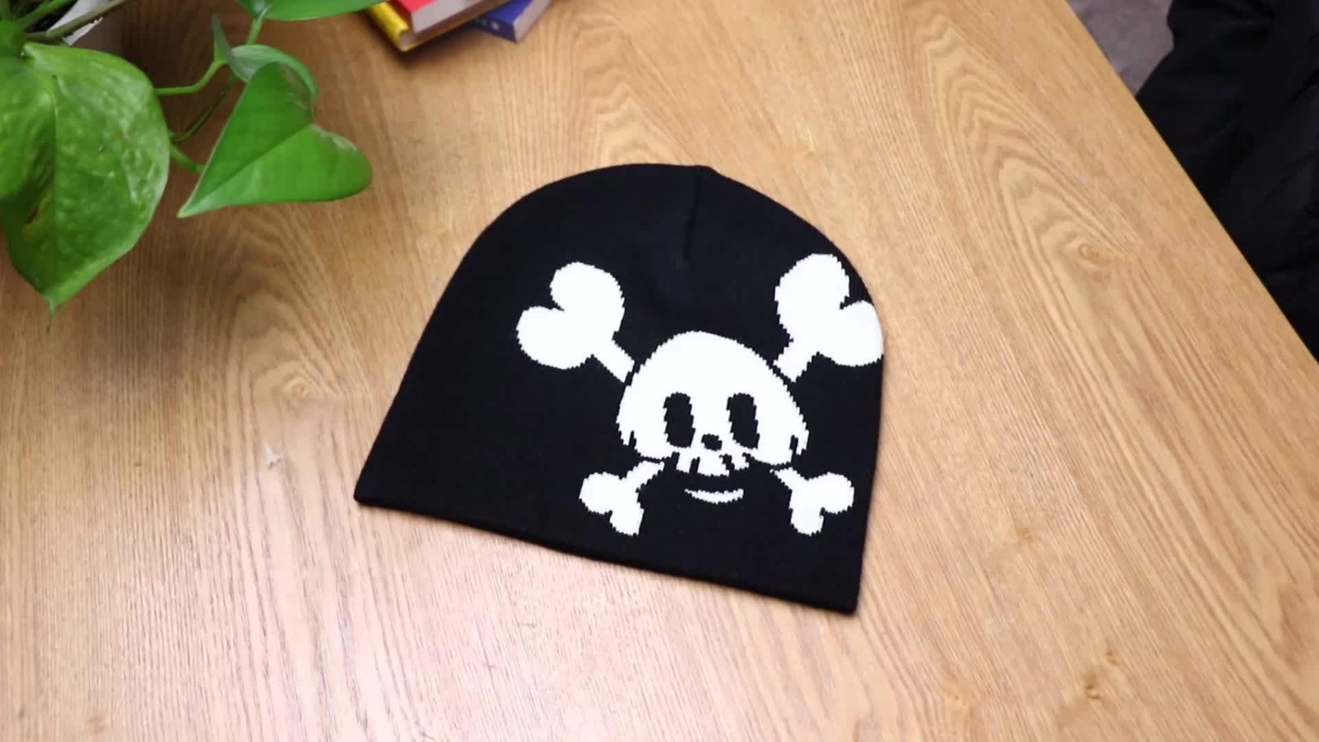 Qianzun Factory Winter Skull Cuffless Acrylic Custom Jacquard Logo Knit ...