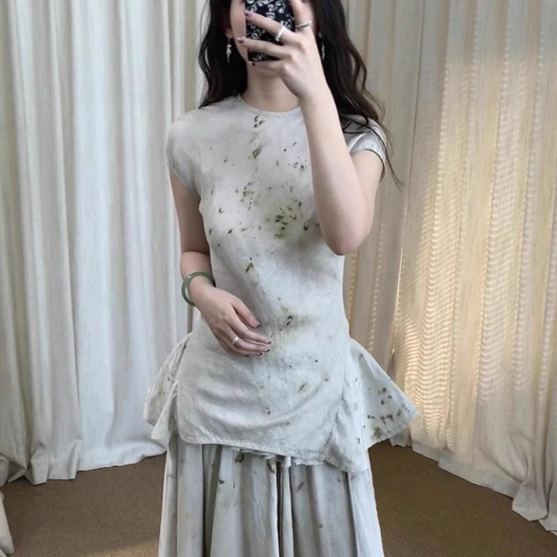 QINGNING 时髦小众复古优雅植物印染收腰显瘦露背圆领短袖上衣女