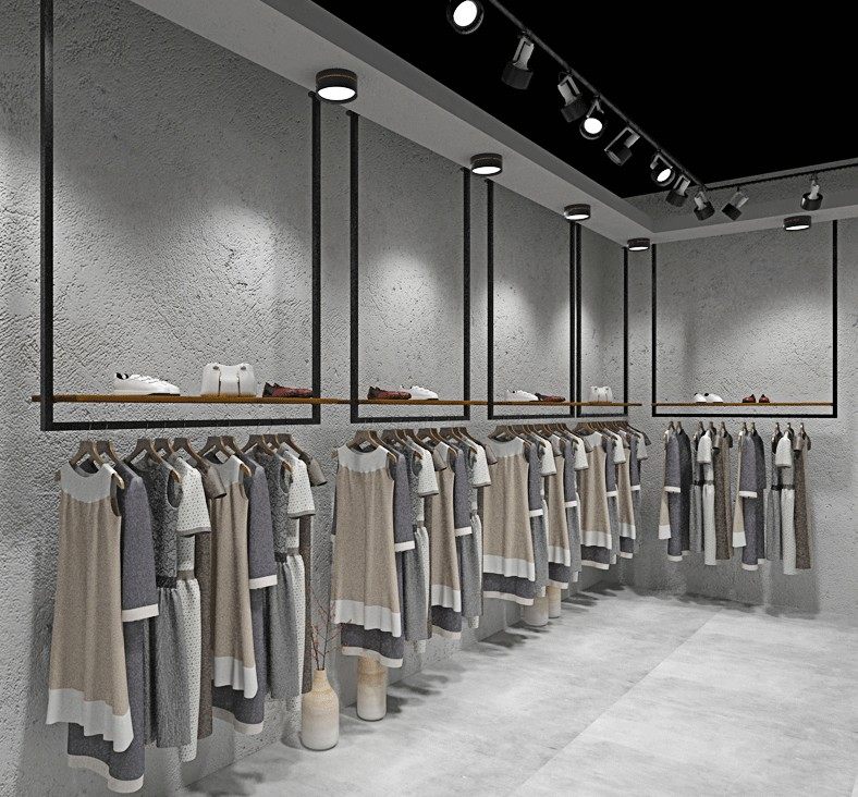 Clothing store display rack upper wall ceiling hanging clothes hanger ...