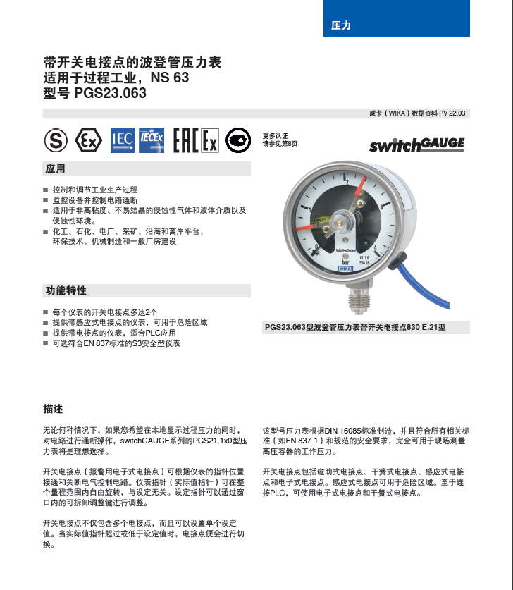 德国WIKA带开关电接点的波登管压力表PGS23.063LM 30 0-10BAR径向-阿里巴巴
