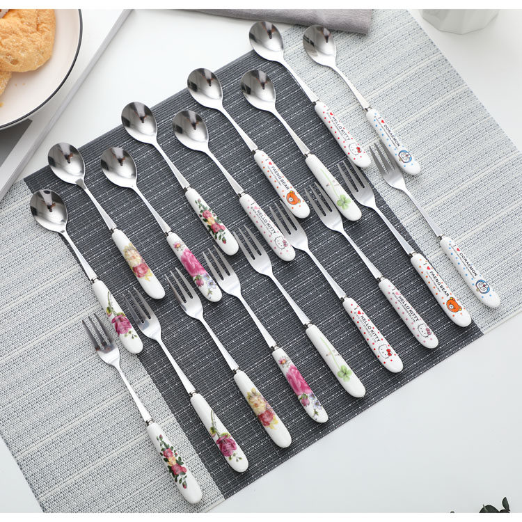 6-piece fruit fork set + ceramic handle stainless steel coffee spoon ...