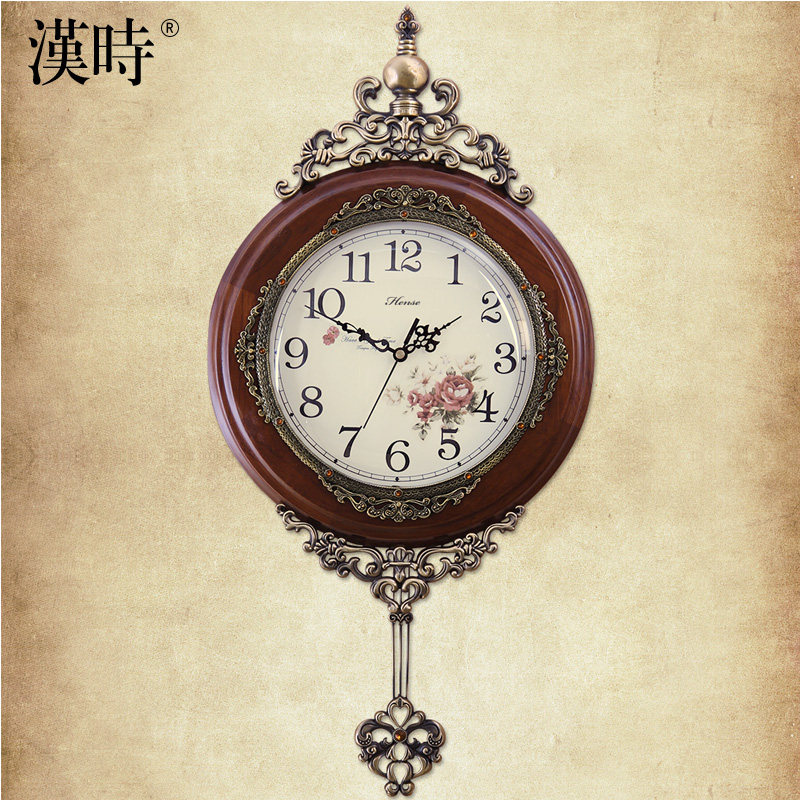 Hanshi solid wood European wall clock Living room watch vintage hanging ...