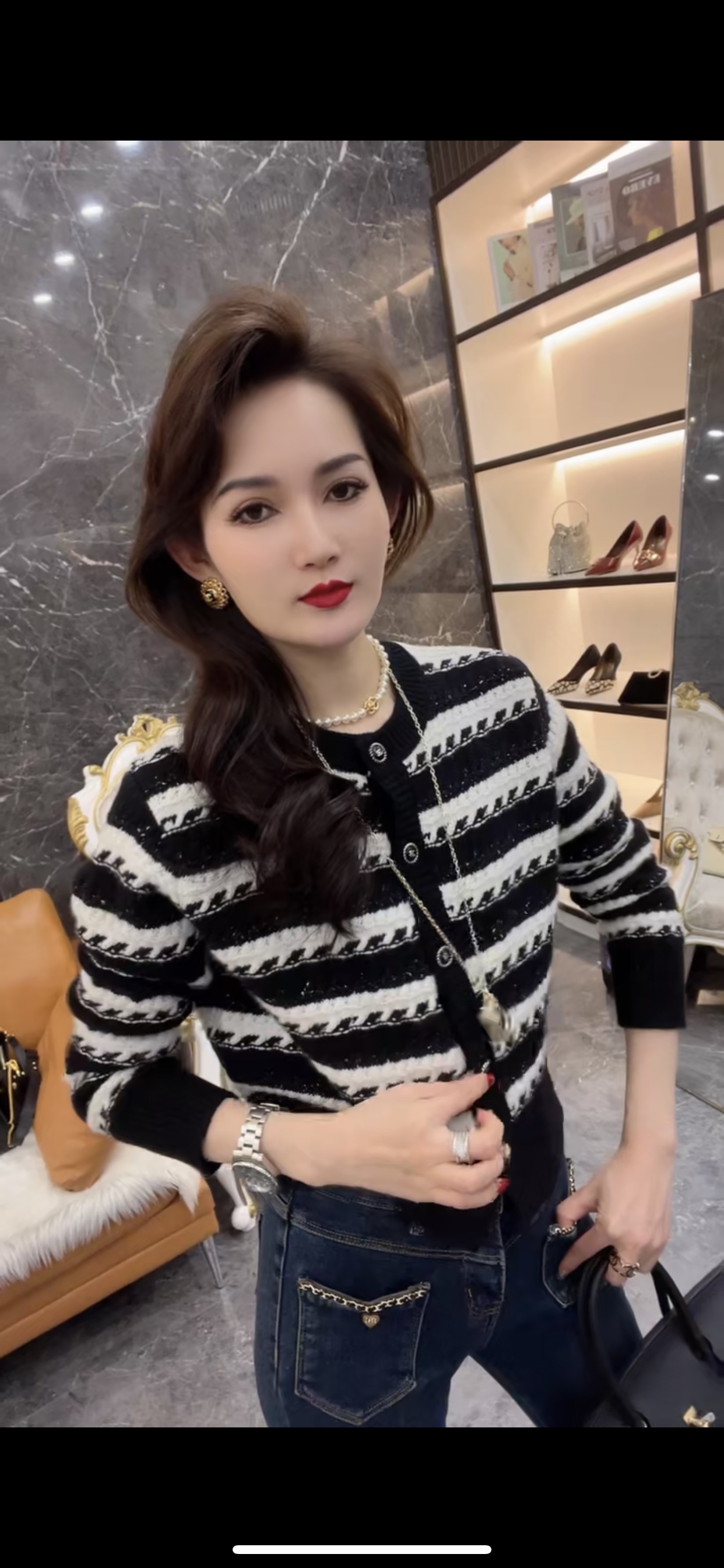 欧洲站美美家MM黑白条纹毛衣女2023秋冬新款羊毛混纺高级感针织衫-Taobao