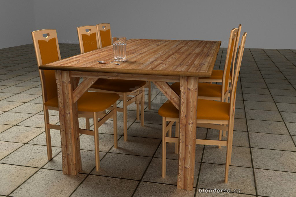 Blender木桌椅子模型 群友投稿,作者不详,知道的话留言 Blender布的