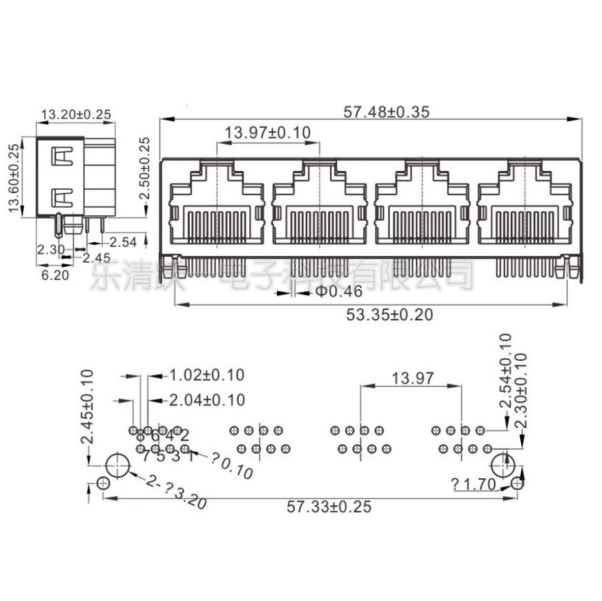RJ45插座5JA-4四联8八联卧式8P8C全塑半包全包带灯90度16长网口座-阿里巴巴