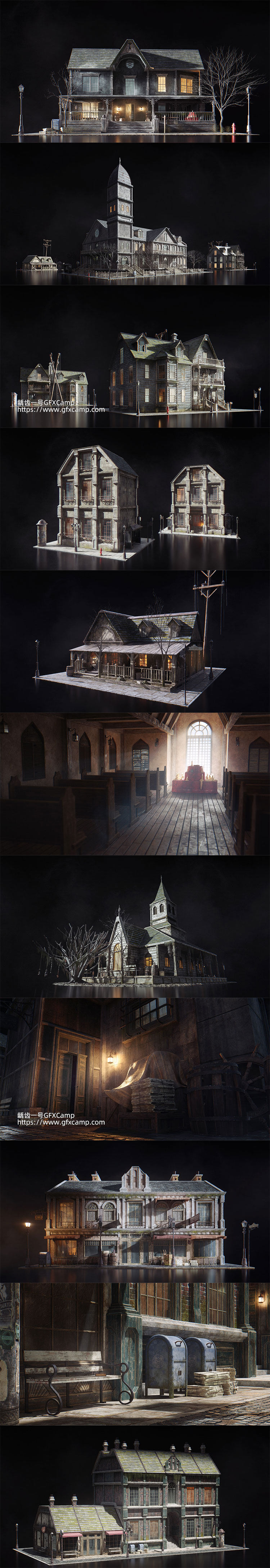 惊悚阴森恐怖小镇楼房木屋3D模型资产 Lovecraft C4D/FBX/OBJ/Blender/3DS MAX/Maya/Houdini/Unity/UE格式 – 龋齿一号GFXCamp
