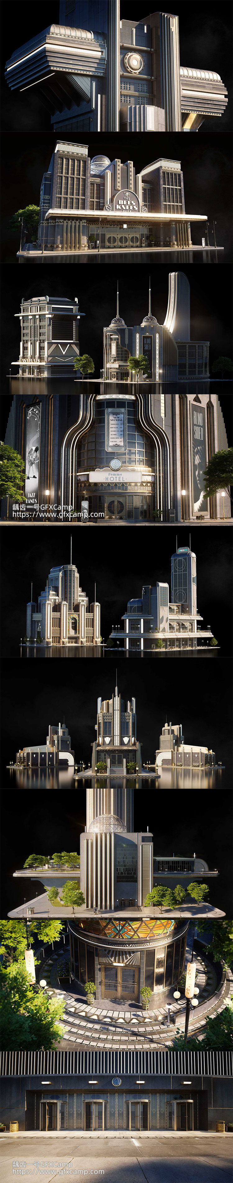 黑色复古未来主义高楼建筑资产3D模型 Noir Futurism C4D/FBX/OBJ/Blender/3DS MAX/Maya/Houdini/Unity/UE格式 – 龋齿一号GFXCamp