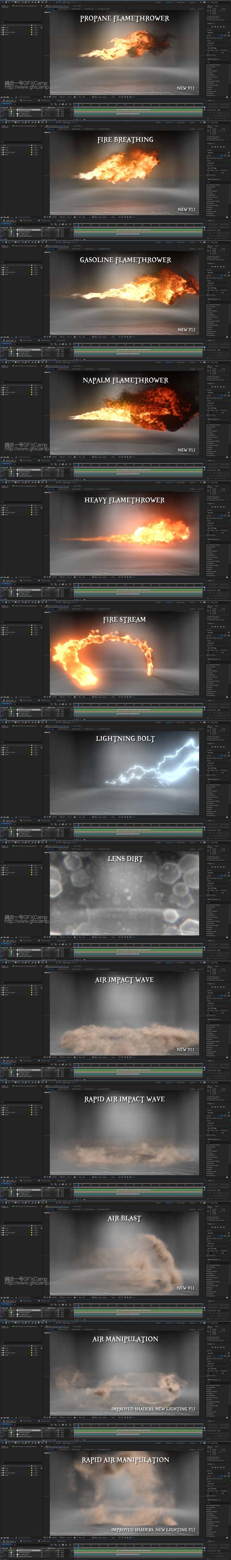 AE模板-水流火焰石头尘土闪电冰气宗粒子武侠打斗特效元素动画 Trapcode Elements V1.2 | 龋齿一号GFXCamp