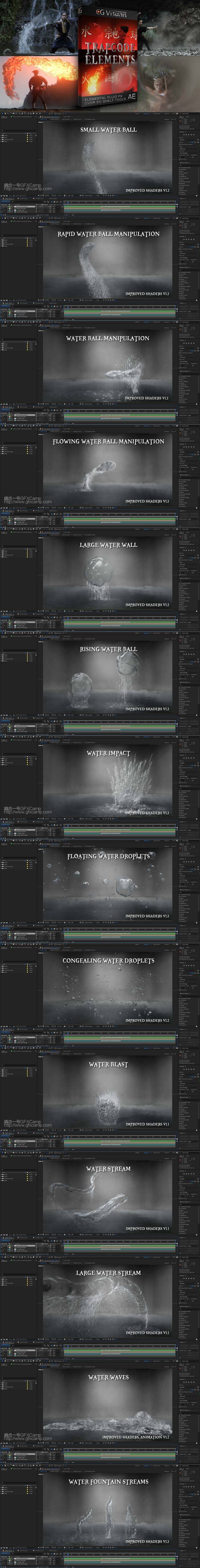 AE模板-水流火焰石头尘土闪电冰气宗粒子武侠打斗特效元素动画 Trapcode Elements V1.2 | 龋齿一号GFXCamp