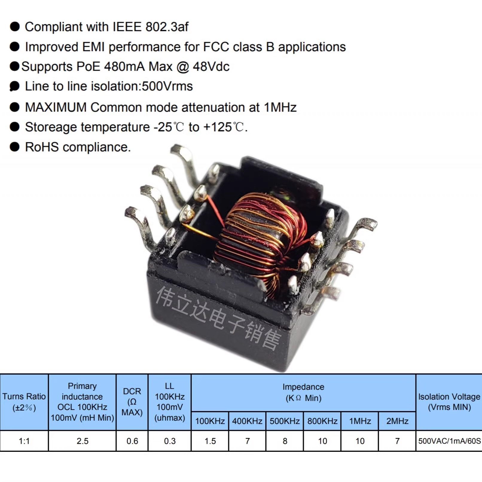 CM8-001R POE电源480mA贴片共模电感2.5MH 1:1高频隔离滤波扼流圈