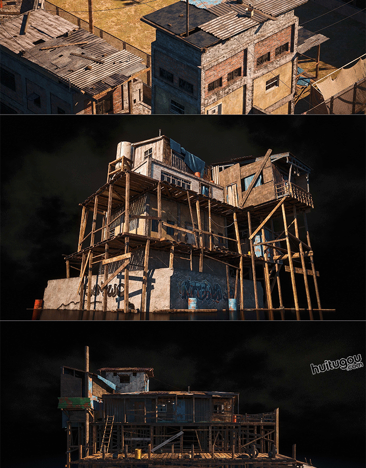 破旧街区C4D平民窟建筑模块棚户区3D模型素材Kitbash3D-Favelas - KitBash3D模型 - 绘图狗-设计灵感素材集散地