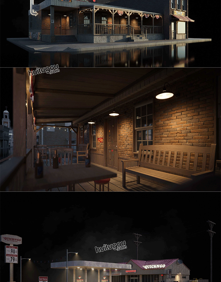 PBR美国城市郊区楼房住宅楼房公共建筑3D模型Kitbash3d-Americana - KitBash3D模型 - 绘图狗-设计灵感素材集散地