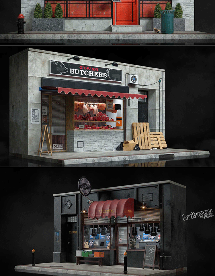 C4D餐厅银行杂货店商店门头街道店面3D模型Kitbash3D-Storefronts - KitBash3D模型 - 绘图狗-设计灵感素材集散地