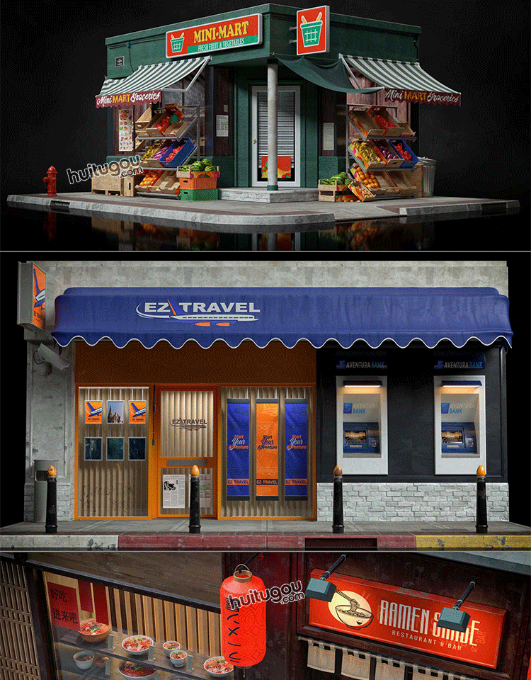 C4D餐厅银行杂货店商店门头街道店面3D模型Kitbash3D-Storefronts - KitBash3D模型 - 绘图狗-设计灵感素材集散地