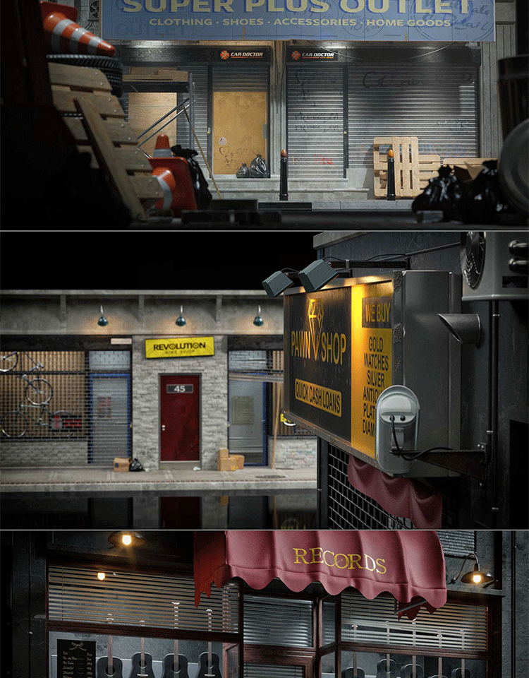 C4D餐厅银行杂货店商店门头街道店面3D模型Kitbash3D-Storefronts - KitBash3D模型 - 绘图狗-设计灵感素材集散地