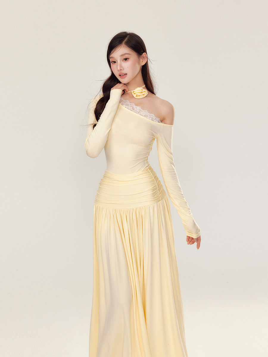 YZZI HE Summer New Shoulder Slant Shoulder Relaxed Waist Pleated Slim ...
