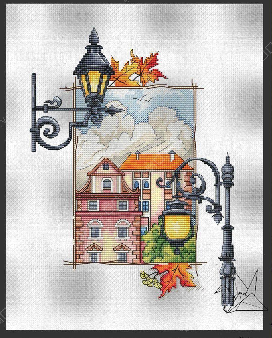 十字绣电子图纸重绘源文件XSD格式 小城秋天的路灯