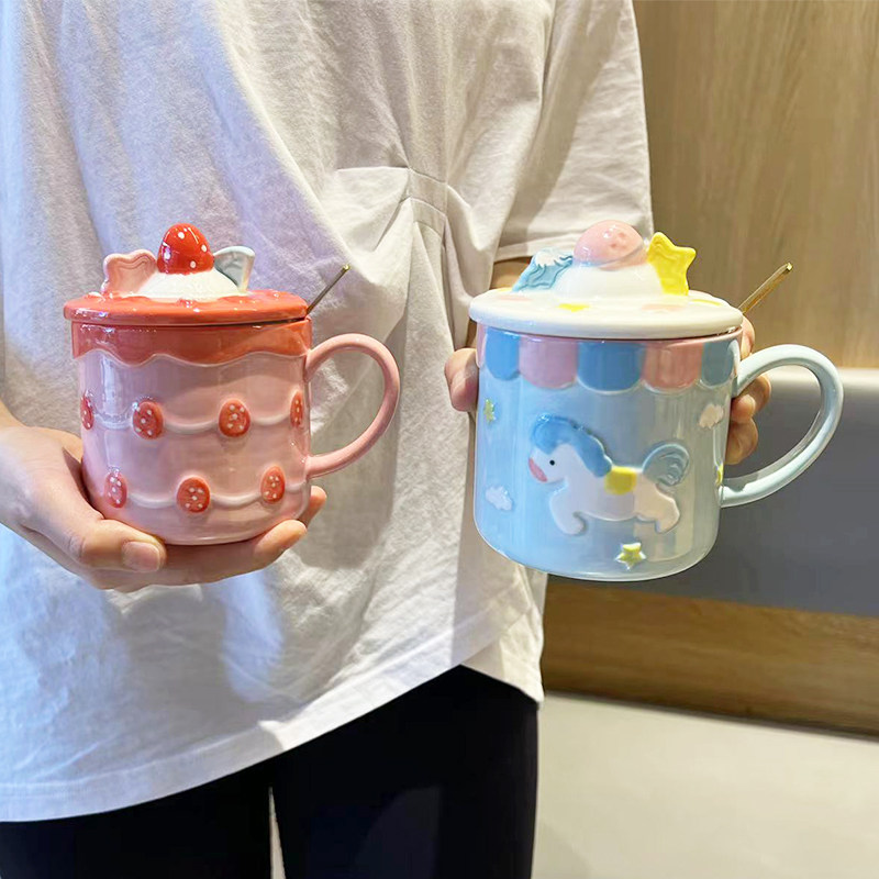 Cute Couple Ceramic Cup Mug with Lid and Spoon High Beauty Value ...