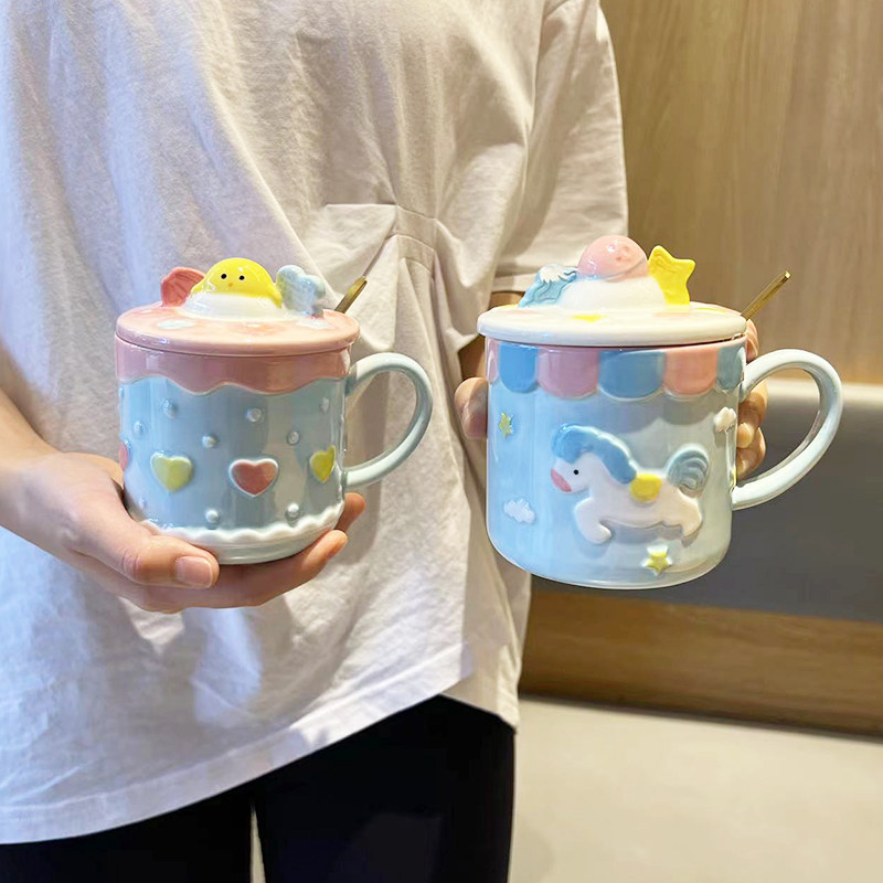 Cute Couple Ceramic Cup Mug with Lid and Spoon High Beauty Value ...