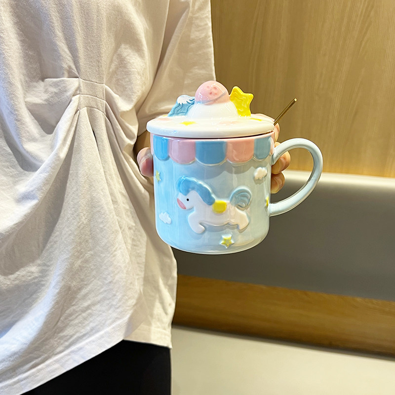 Cute Couple Ceramic Cup Mug with Lid and Spoon High Beauty Value ...