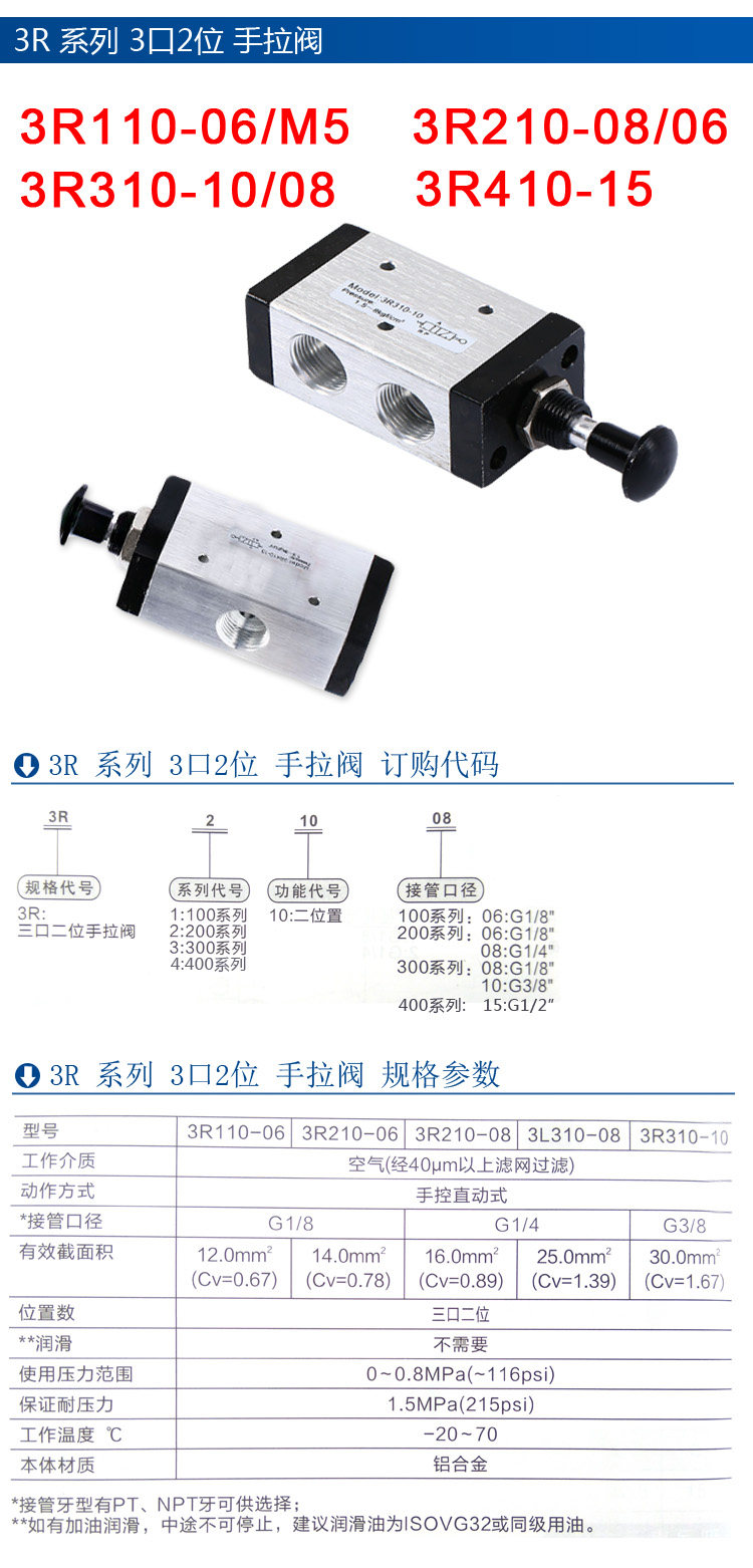 手拉阀机械手动阀二位三通3R210-08/110-06/310-10/410-15/110-M5-阿里巴巴