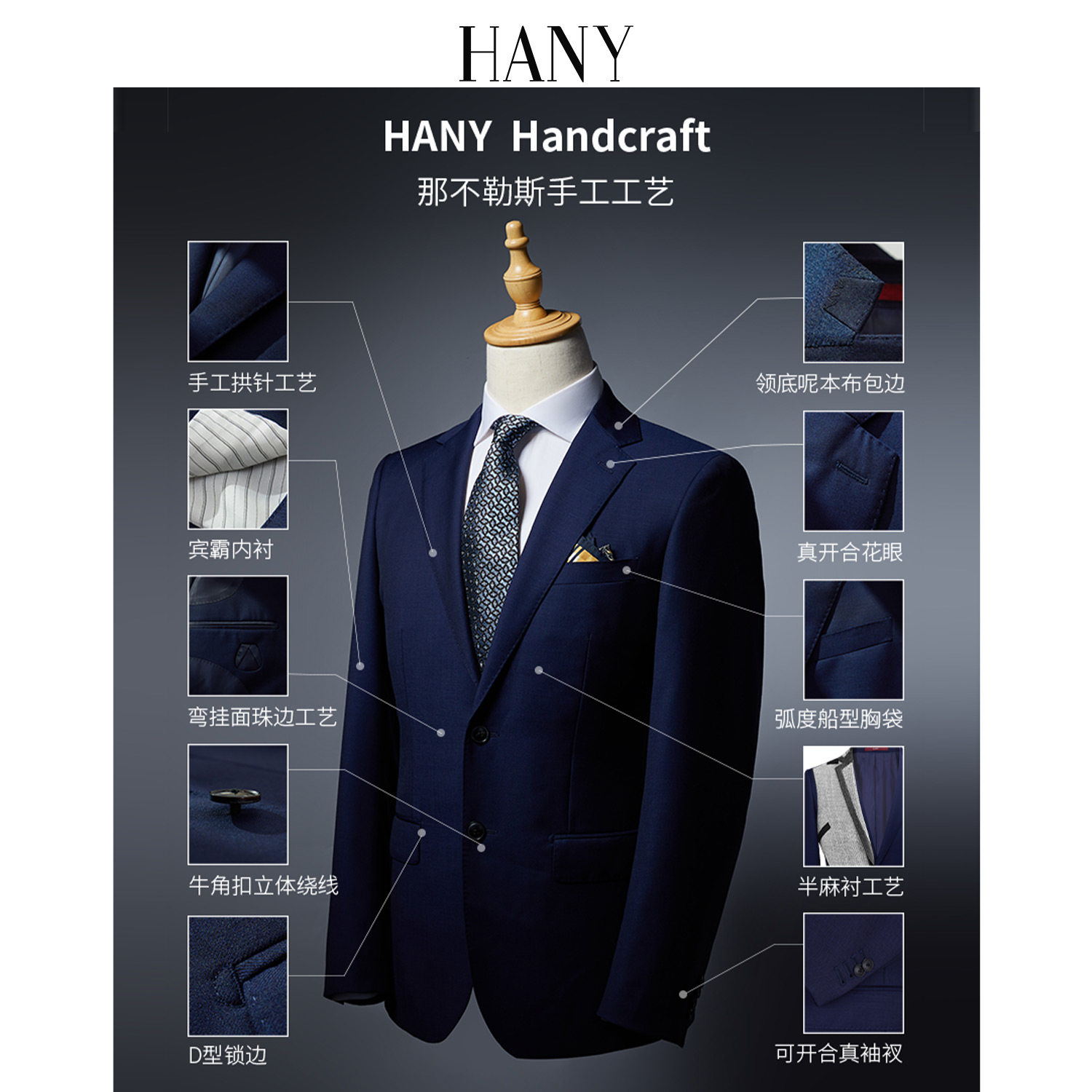 Hany Hanney Navy Wool Suit Men Wedding Sense Groom Dress Dress Suit Men