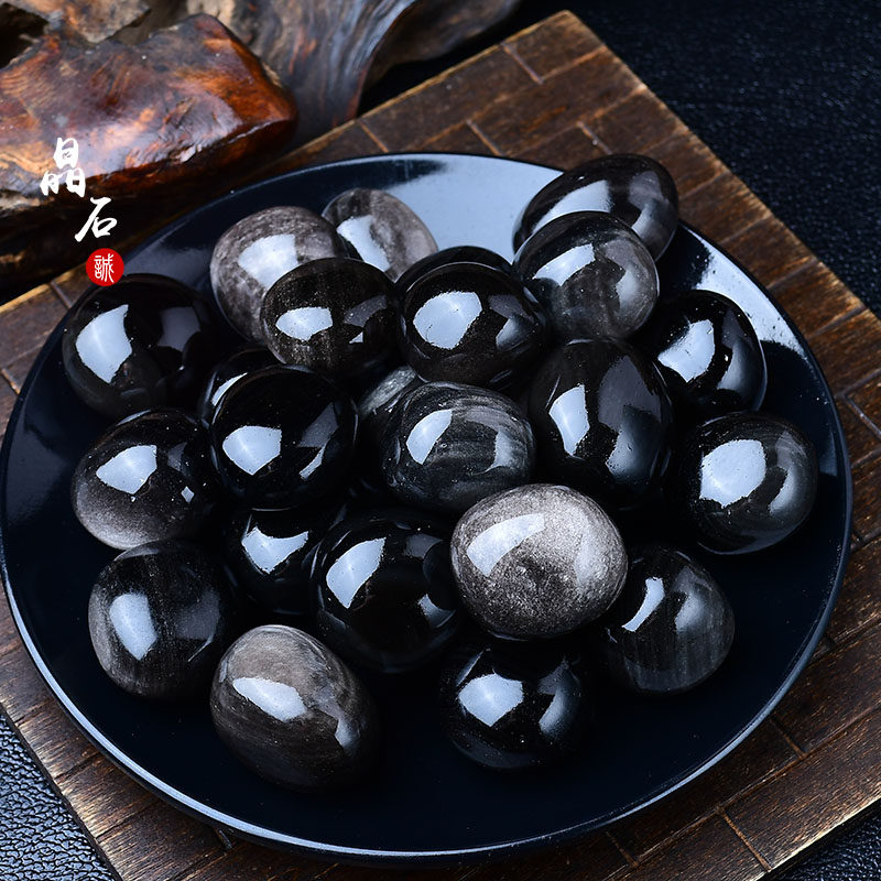 Natural silver obsidian raw stone ornament: large oval handheld piece ...